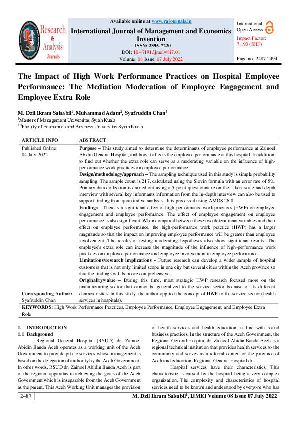 Pdf The Impact Of High Work Performance Practices On Hospital Employee Performance The
