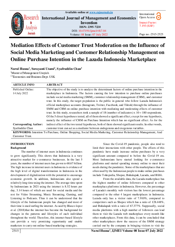 (PDF) Mediation Effects of Customer Trust Moderation on the Influence of Social Media Marketing ...