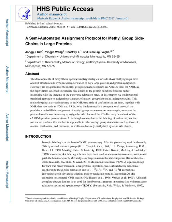 (PDF) A Semi-automated Assignment Protocol for Methyl Group Side Chains in Large Proteins