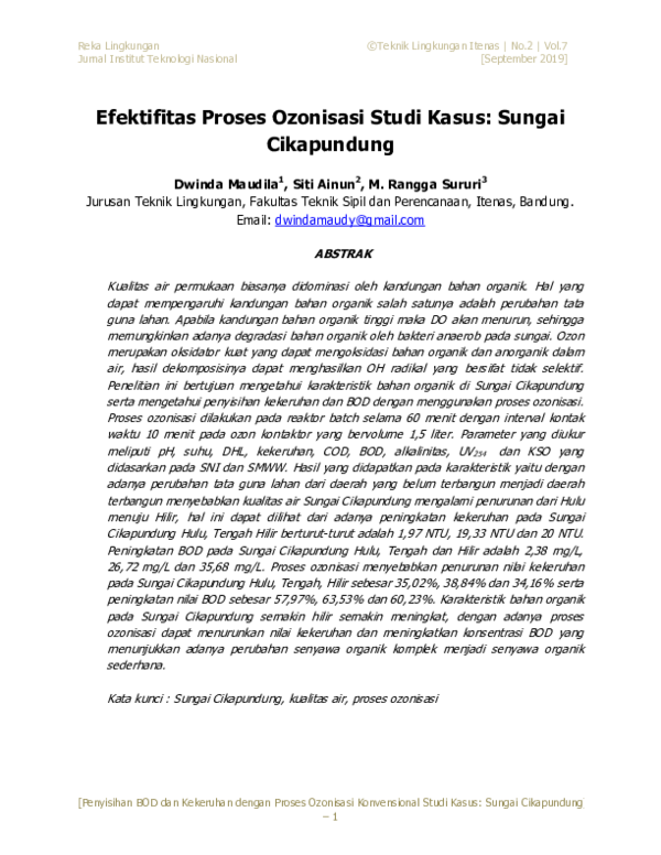 (PDF) Efektifitas Proses Ozonisasi Studi Kasus: Sungai Cikapundung