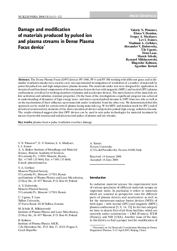 (PDF) Damage and modification of materials produced by pulsed ion and ...