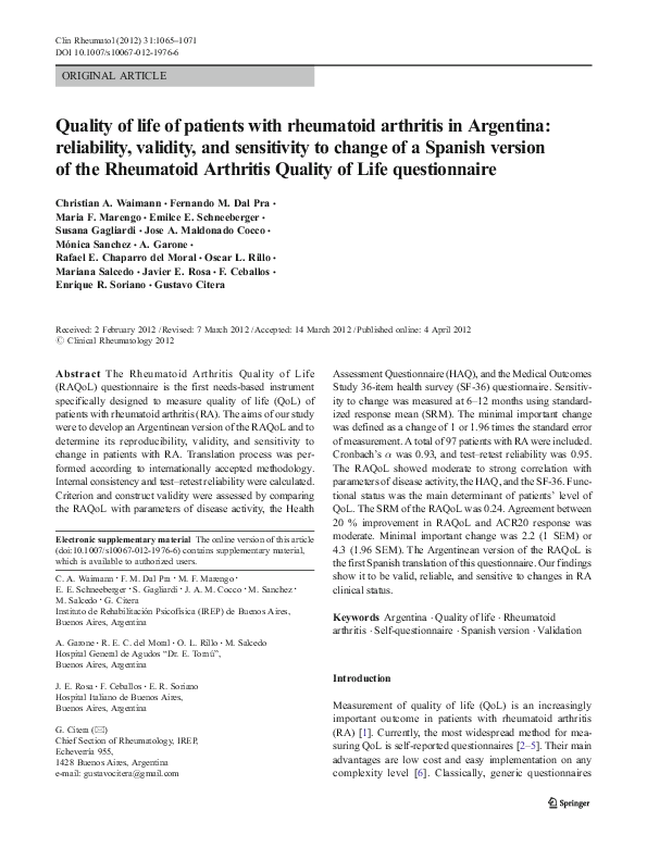 (PDF) RETRACTED ARTICLE: Quality of life of patients with rheumatoid ...