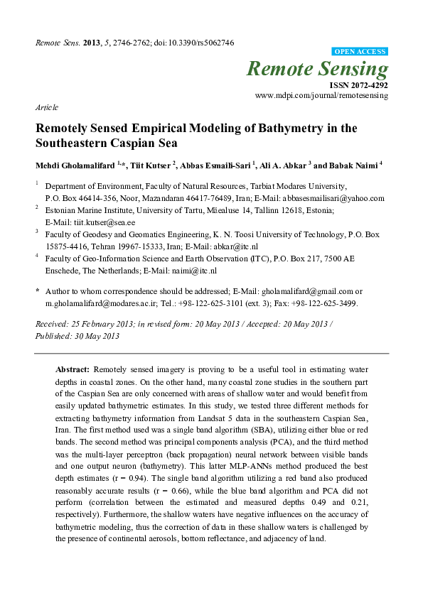 (PDF) Remotely Sensed Empirical Modeling of Bathymetry in the Southeastern Caspian Sea | Babak ...