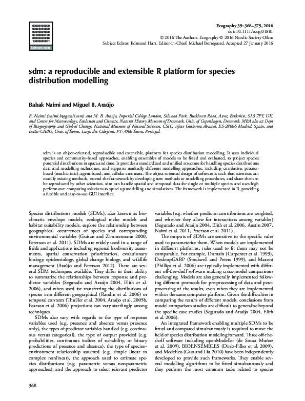 (PDF) sdm: a reproducible and extensible R platform for species ...