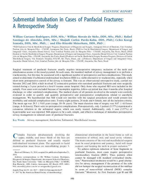 (PDF) Submental Intubation in Cases of Panfacial Fractures: A Retrospective Study