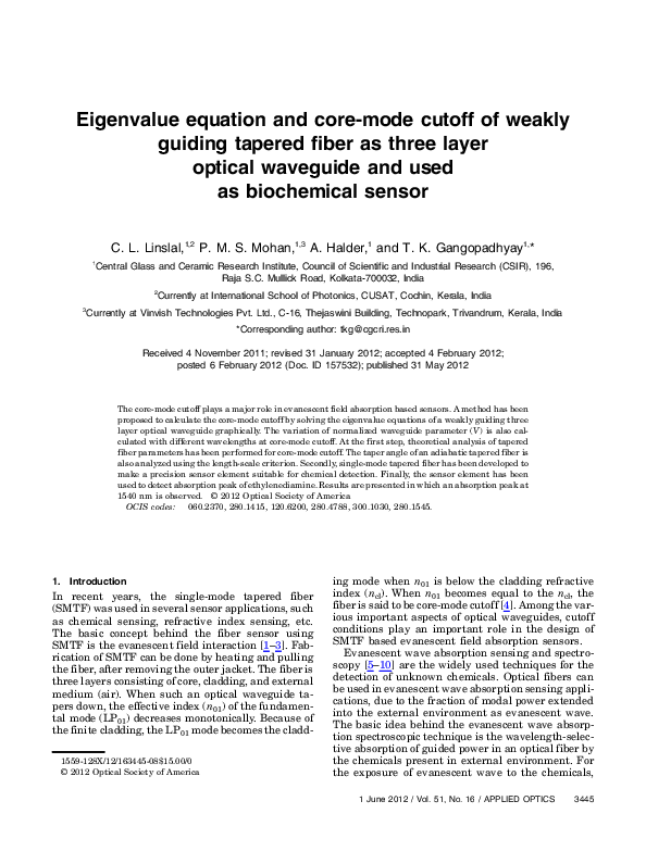 (PDF) Eigenvalue equation and core-mode cutoff of weakly guiding tapered fiber as three layer ...