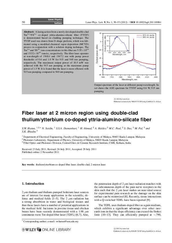 (PDF) Fiber laser at 2 micron region using double-clad thulium/ytterbium co-doped yttria-alumino ...