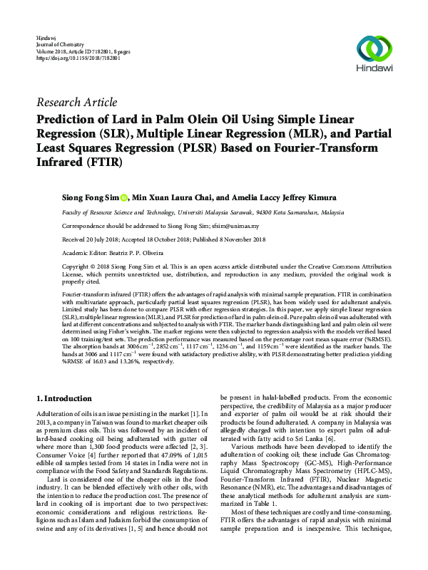 Pdf Prediction Of Lard In Palm Olein Oil Using Simple Linear Regression Slr Multiple Linear