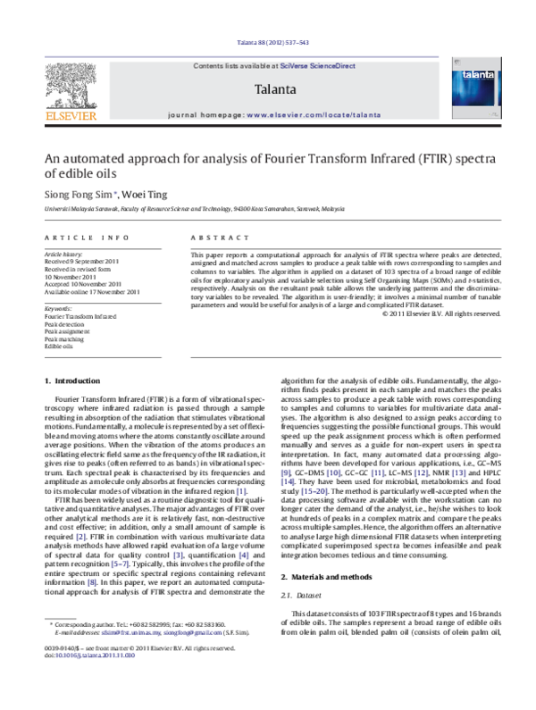 Pdf An Automated Approach For Analysis Of Fourier Transform Infrared Ftir Spectra Of Edible