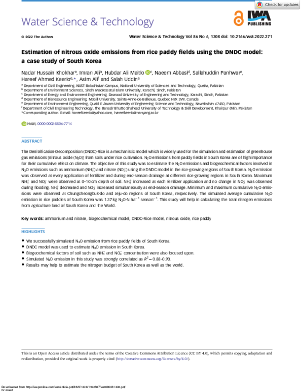 (PDF) Estimation of nitrous oxide emissions from rice paddy fields ...