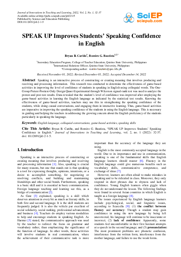 (PDF) SPEAK UP Improves Students' Speaking Confidence in English