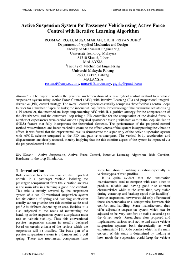 (PDF) Active Suspension System for Passenger Vehicle using Active Force Control with Iterative ...