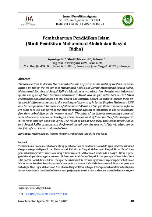 (PDF) Pembaharuan Pendidikan Islam (Studi Pemikiran Muhammad Abduh Dan Rasyid Ridha)