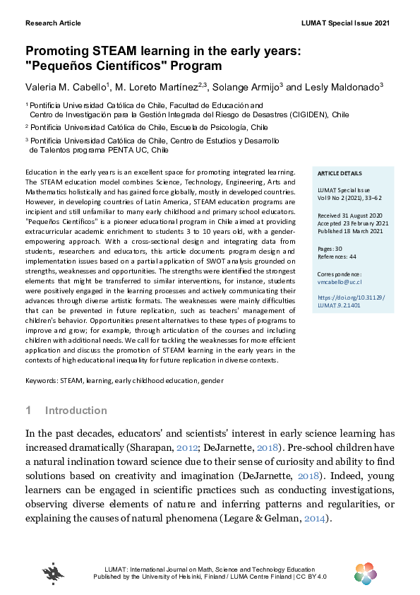 (PDF) Promoting STEAM learning in the early years: “Pequeños ...