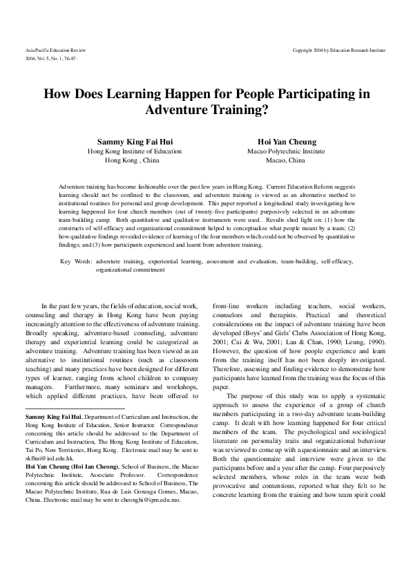 (PDF) How does learning happen for people participating in adventure training?
