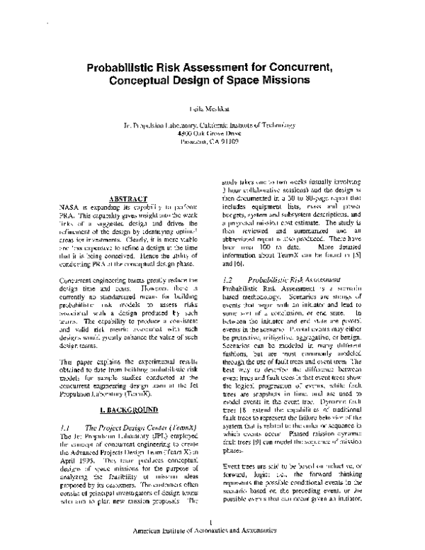 (PDF) Probabilistic Risk Assessment for Concurrent, Conceptual Design of Space Missions