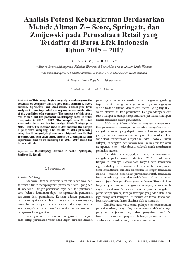 (PDF) Analisis Potensi Kebangkrutan Berdasarkan Metode Altman Z – Score ...