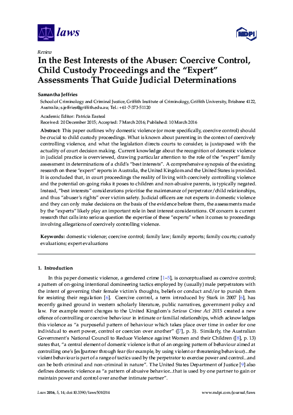 (PDF) In the Best Interests of the Abuser: Coercive Control, Child ...