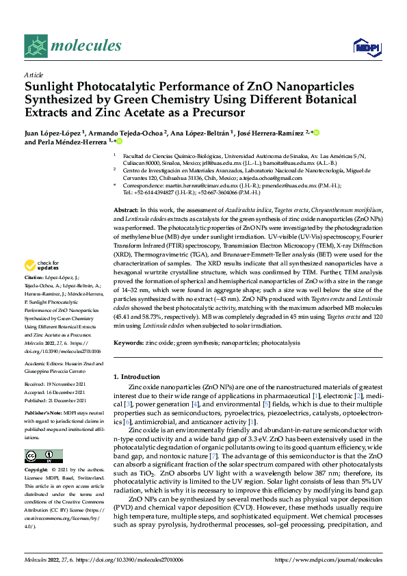 (PDF) Sunlight Photocatalytic Performance of ZnO Nanoparticles Synthesized by Green Chemistry ...