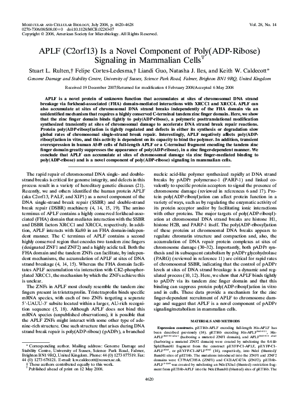 (PDF) APLF (C2orf13) Is a Novel Component of Poly(ADP-Ribose) Signaling ...