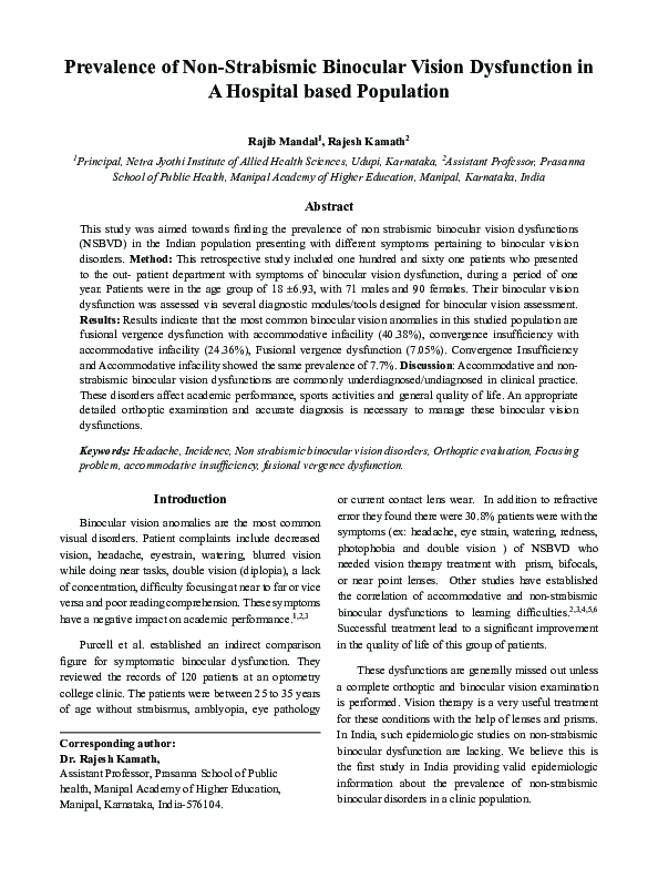 (PDF) Prevalence of Non-Strabismic Binocular Vision Dysfunction in A Hospital based Population