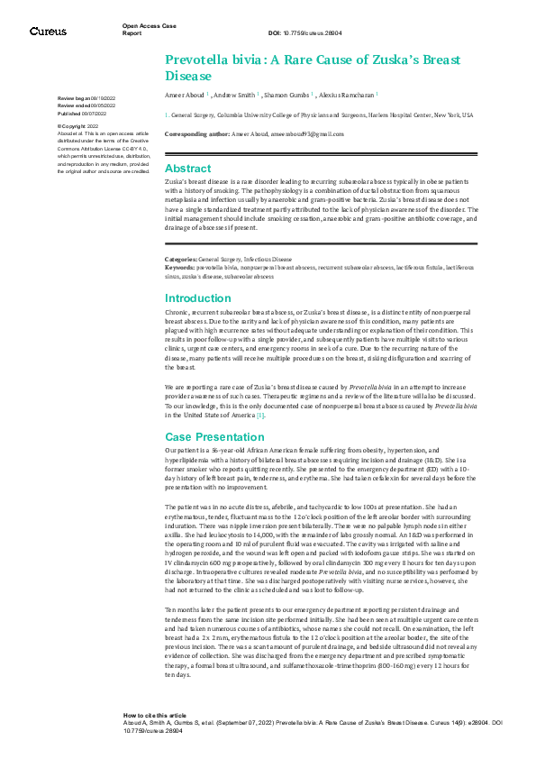 (PDF) Prevotella bivia: A Rare Cause of Zuska’s Breast Disease