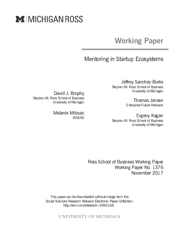 (PDF) Working Paper Mentoring in Startup Ecosystems Evgeny Kagan Ross ...