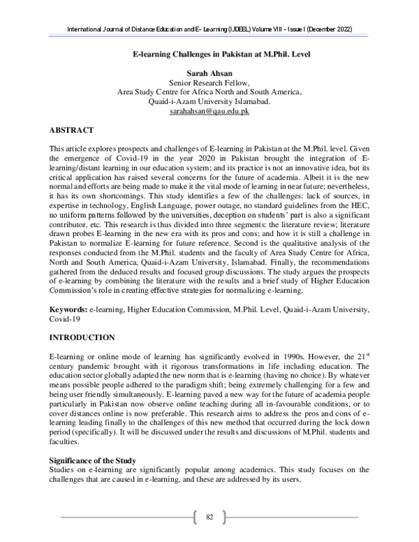 (PDF) E-Learning Challenges in Pakistan at M.PHIL. Level