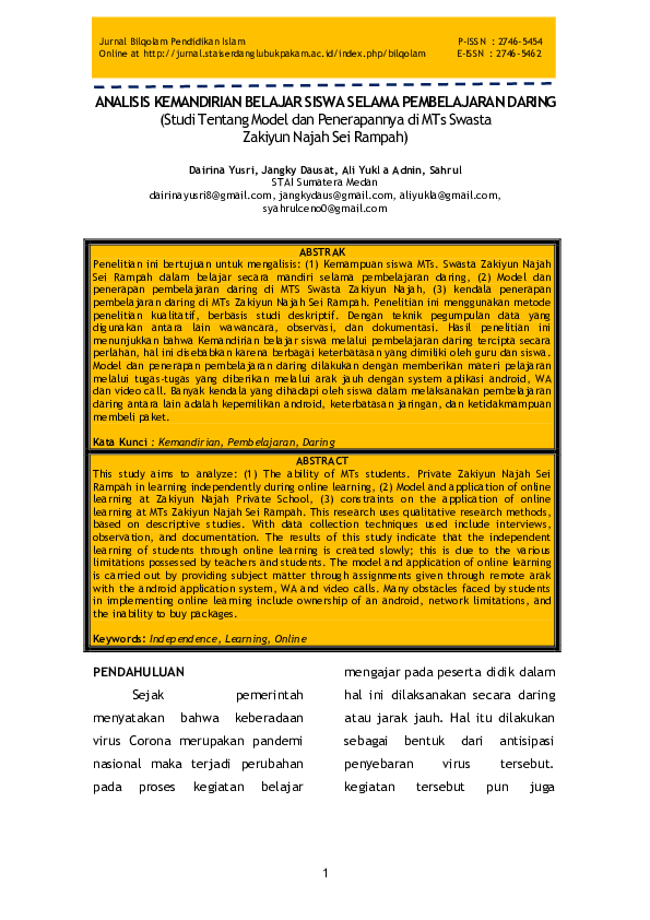 (PDF) Analisis Kemandirian Belajar Siswa Selama Pembelajaran Daring (PDF) Analisis Kemandirian Belajar Siswa Selama Pembelajaran Daring