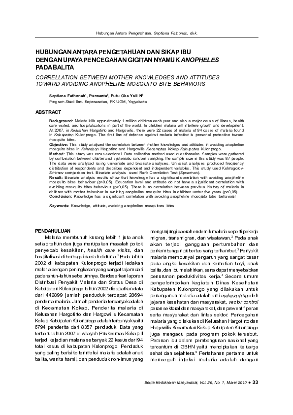 (PDF) Hubungan antara Pengetahuan dan Sikap Ibu dengan Upaya Pencegahan Gigitan Nyamuk Anopheles ...