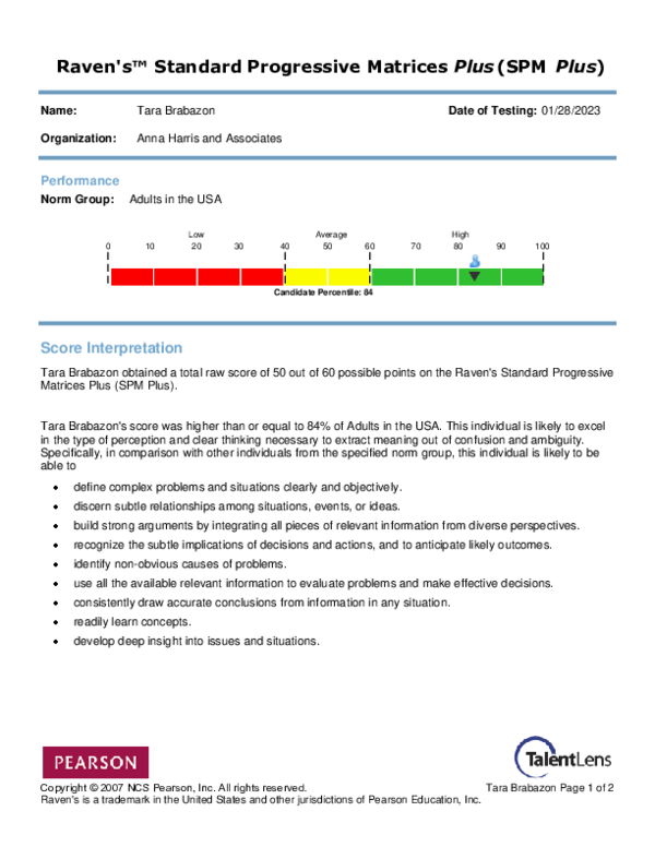 (PDF) Tara Brabazon's Raven SPM Plus Results