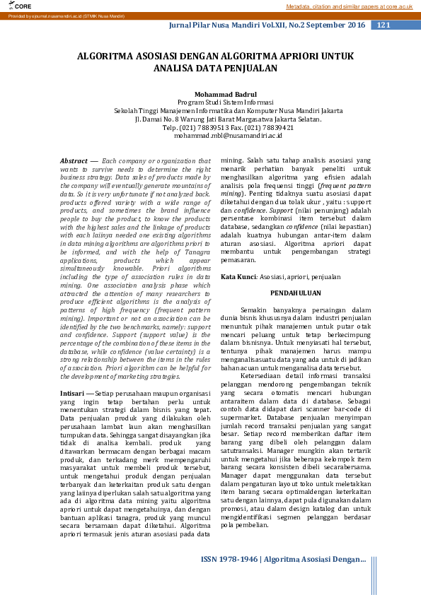 (PDF) Algoritma Asosiasi Dengan Algoritma Apriori Untuk Analisa Data Penjualan