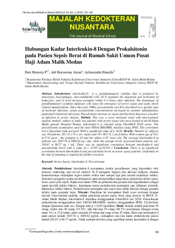 (PDF) Hubungan Kadar Interleukin-8 Dengan Prokalsitonin pada Pasien ...