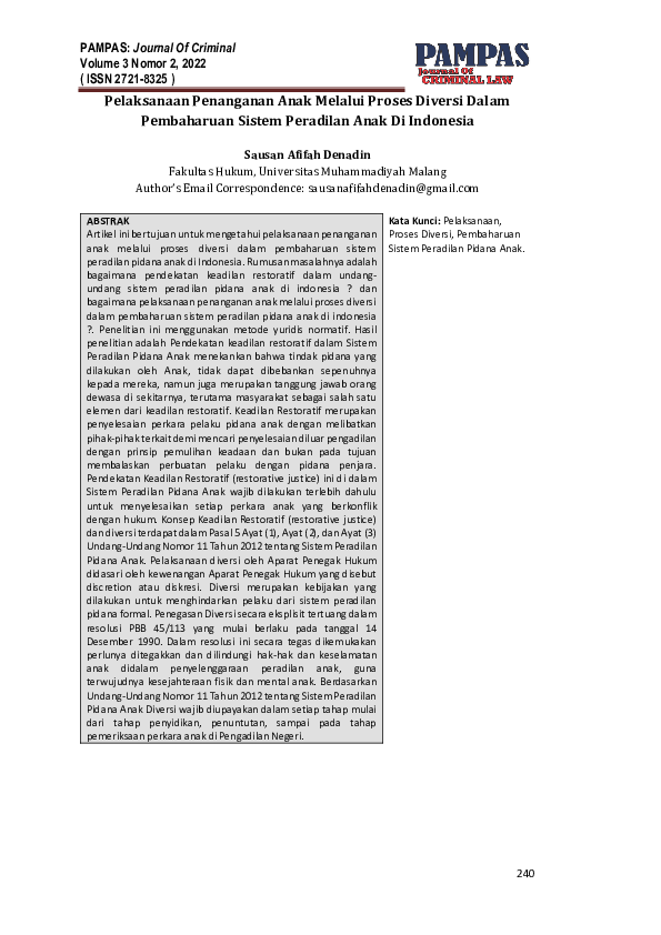 (PDF) Pelaksanaan Penanganan Anak Melalui Proses Diversi dalam Pembaharuan Sistem Peradilan ...