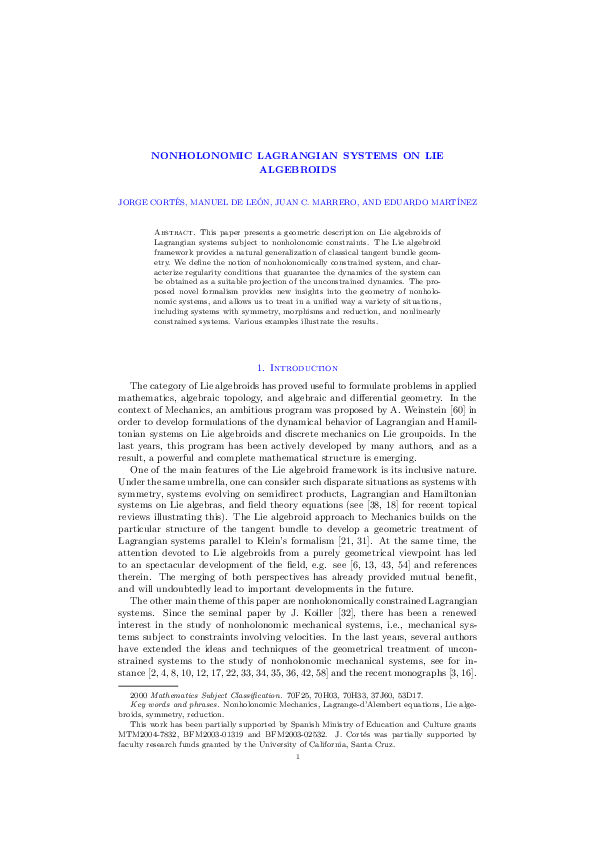 (PDF) Nonholonomic Lagrangian systems on Lie algebroids