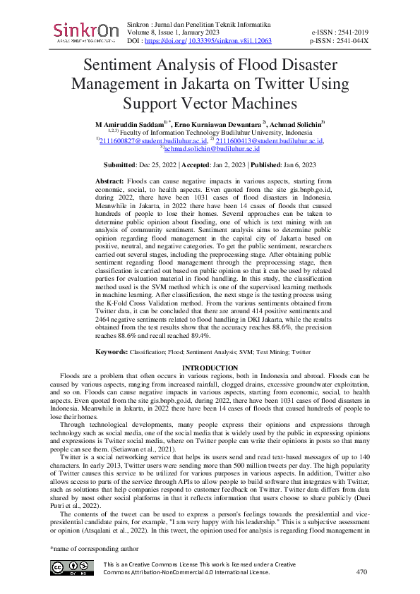(PDF) Sentiment Analysis of Flood Disaster Management in Jakarta on Twitter Using Support Vector ...