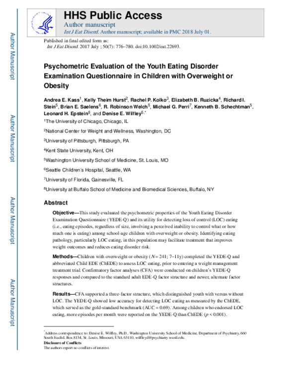 (PDF) Psychometric evaluation of the youth eating disorder examination ...