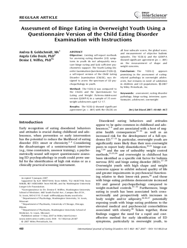 (PDF) Assessment of binge eating in overweight youth using a ...
