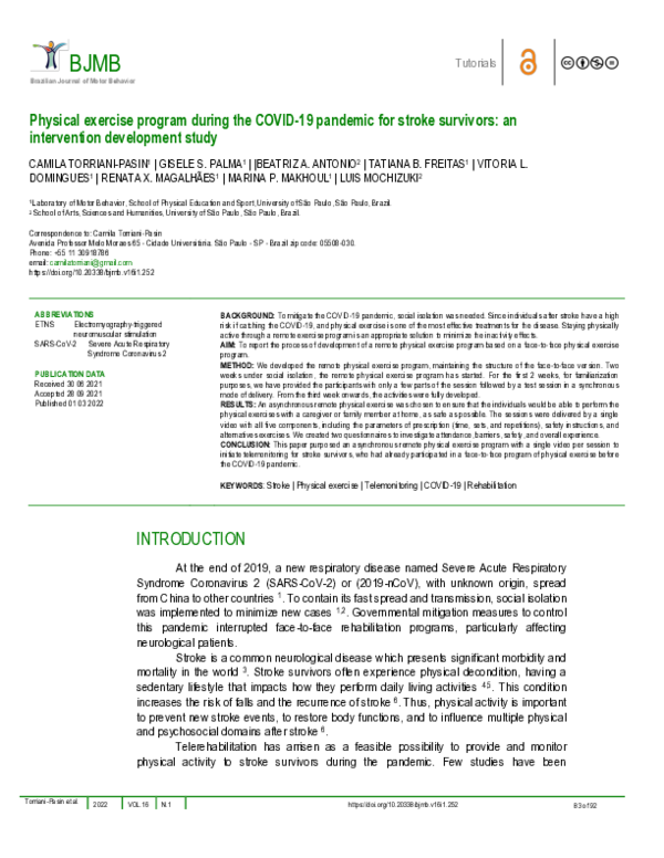(PDF) Physical exercise program during the COVID-19 pandemic for stroke survivors: an ...