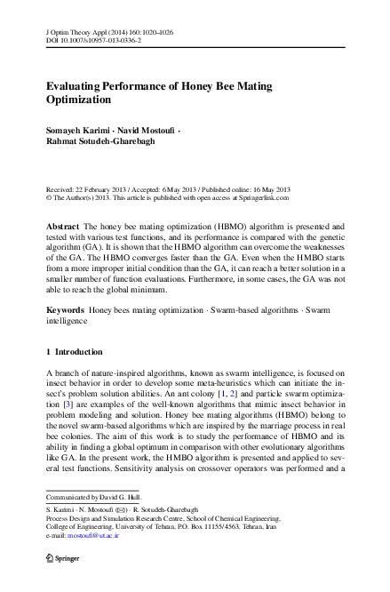Pdf Evaluating Performance Of Honey Bee Mating Optimization Navid Mostoufi