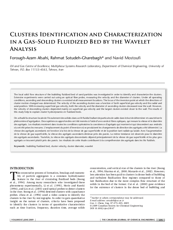 (PDF) Clusters identification and characterization in a gas-solid fluidized bed by the wavelet ...