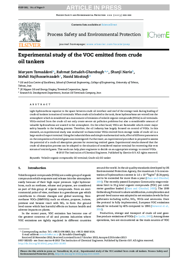 (PDF) Experimental study of the VOC emitted from crude oil tankers
