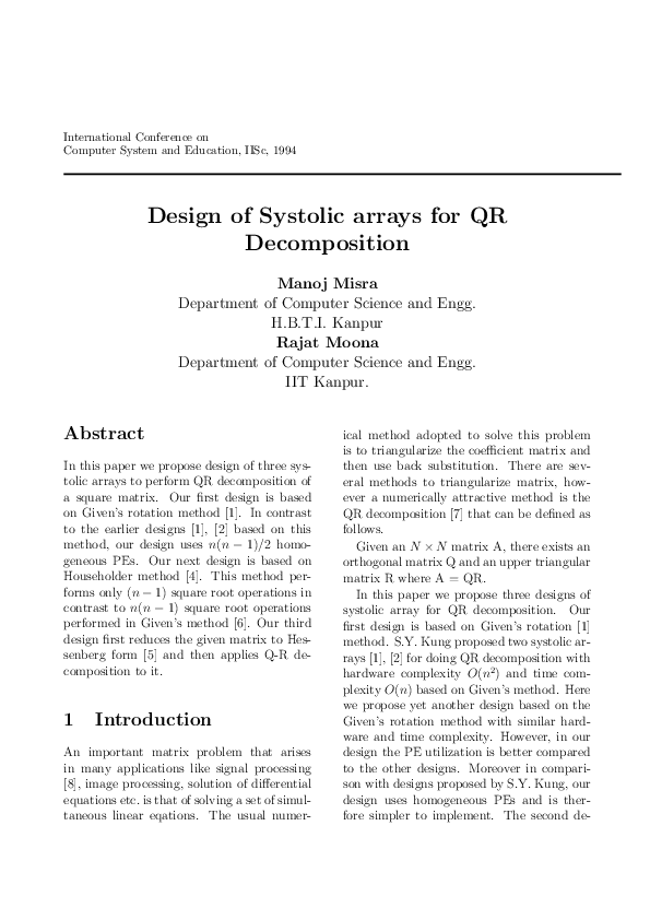 (PDF) Design of Systolic arrays for QR Decomposition