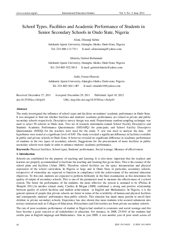 (PDF) School Types, Facilities and Academic Performance of Students in ...
