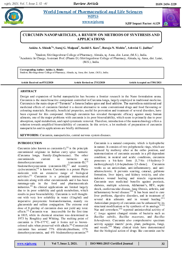 (PDF) Curcumin Nanoparticles, a Review on Methods of Synthesis and Applications | Sushil Kore ...