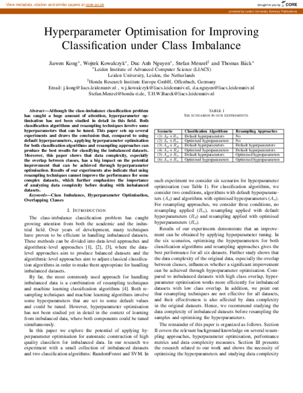 (PDF) Hyperparameter Optimisation for Improving Classification under Class Imbalance