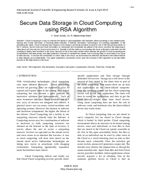 (PDF) Secure Data Storage in Cloud Computing using RSA Algorithm