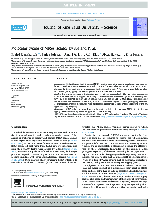 Pdf Molecular Typing Of Mrsa Isolates By Spa And Pfge