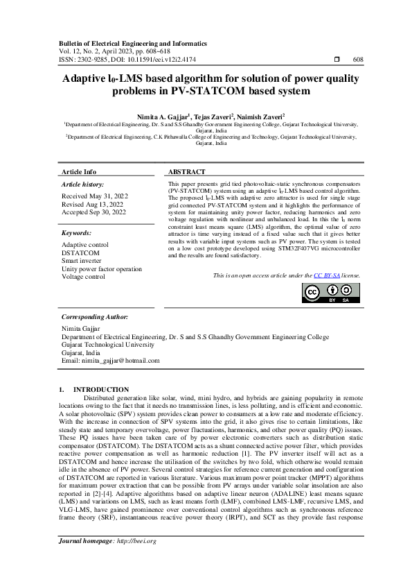 (PDF) Adaptive Ɩ0-LMS based algorithm for solution of power quality problems in PV-STATCOM based ...