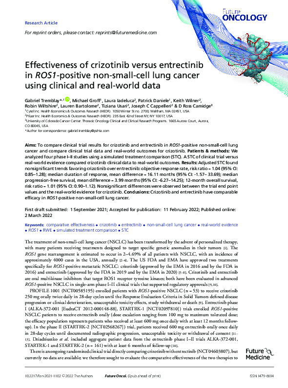 (PDF) Effectiveness of crizotinib versus entrectinib in ROS1-positive non-small-cell lung cancer ...